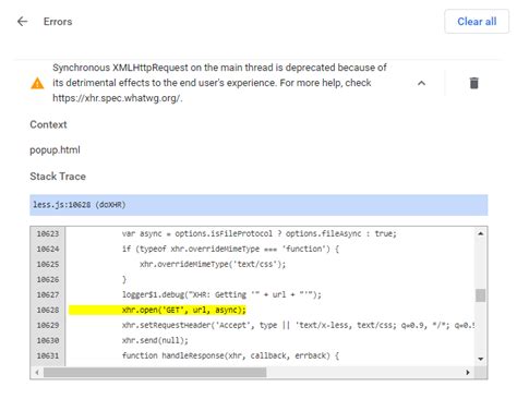 javascript less js getting synchronous xmlrequest error on chrome