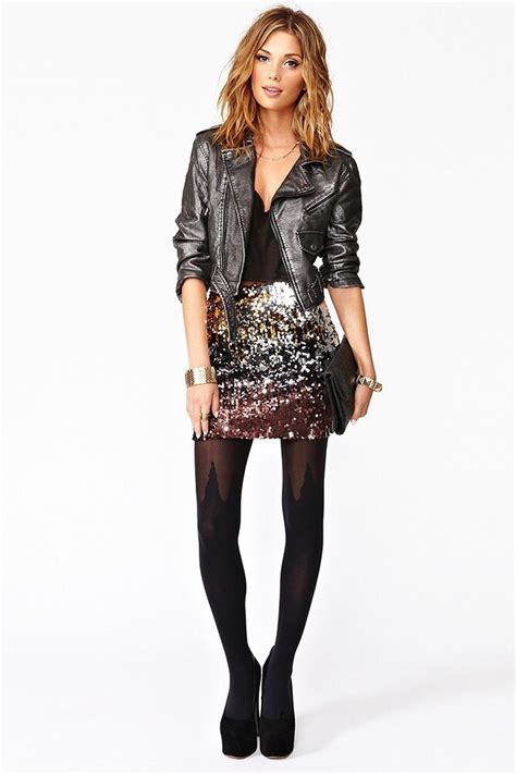Sequin Mini Skirt Leather Hack Black Tights And High Heels Fashion