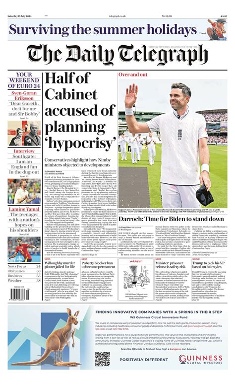 Daily Telegraph Front Page 13th Of July 2024 Tomorrows Papers Today