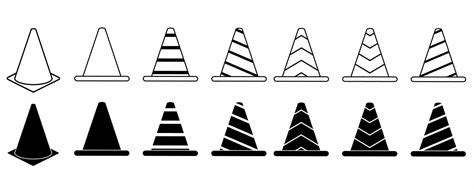 Outline Silhouette Road Traffic Cone Icon Set Isolated On White