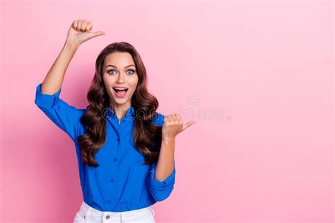 Portrait Of Fancy Impressed Gorgeous Girl Wavy Hairstyle Wear Blue