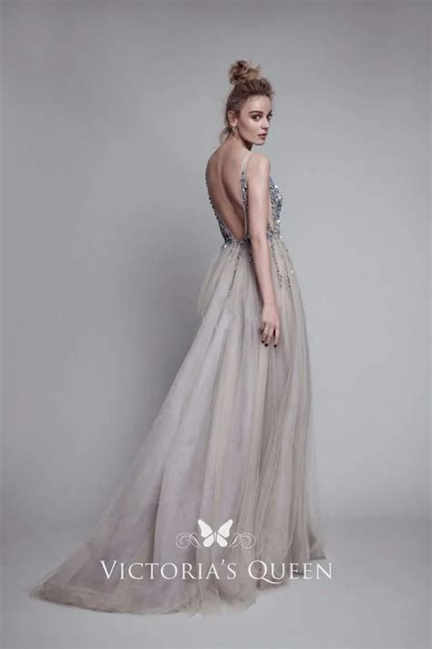 Sexy Plunging V Neck Beaded Grey Tulle Prom Gown Vq