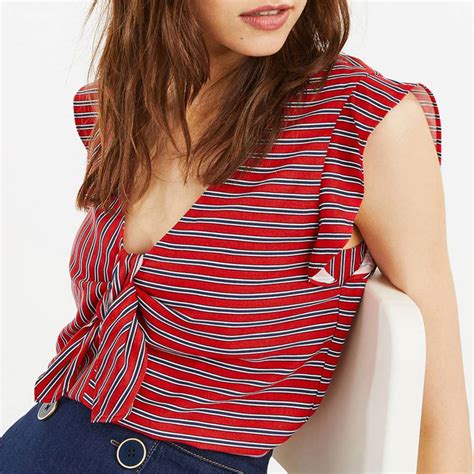 Multi Red Patched Stripe Tie Front Top Brandalley