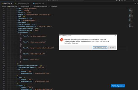 windows vscode qemu dbg bat unable to start debugging unexepected gdb