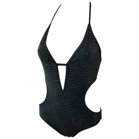 Saint Laurent Star Print Deep V Neck One Piece Halter Swimsuit Black