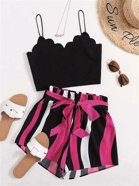 Shein Vcay Scallop Trim Cami Top And Paperbag Waist Striped Shorts Set