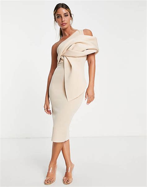 Asos Design Peekaboo Shoulder Tuck Midi Pencil Dress In Frosted Almond