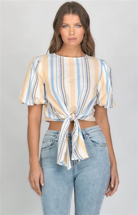 Striped Tie Front Top With Puff Sleeves Sto594b Style State