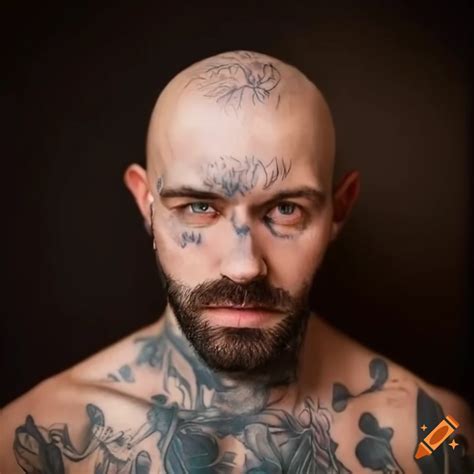 White Man With Shaved Head Tattoos And Hazel Eyes On Craiyon