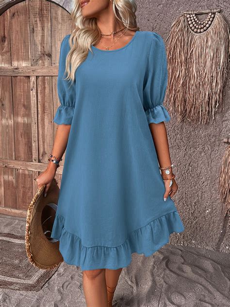 Shein Lune Solid Flounce Sleeve Ruffle Hem Smock Dress Shein Uk