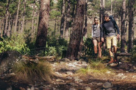 Man And Woman Hikers Trekking A Rocky Path In Forest Hiker Couple