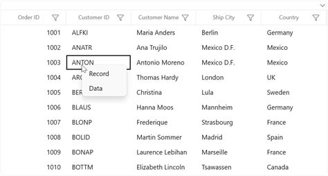context flyout in winui datagrid control syncfusion