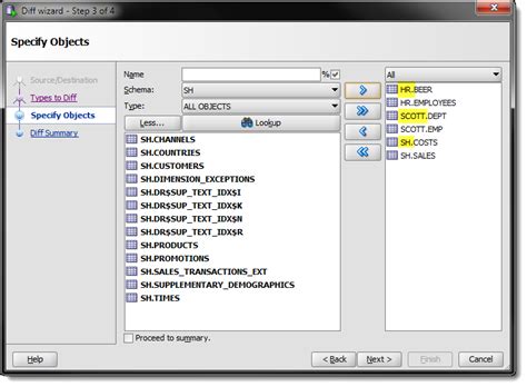 sql developer database diff compare objects from multiple schemas