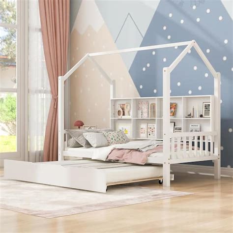 Harper And Bright Designs White Twin Size Wooden House Bed With Trundle