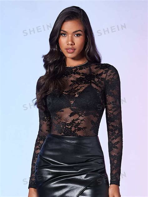 Shein Bae Floral Lace Sheer Bodysuit Without Bra Shein Uk