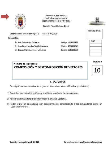 Laboratorio Composición Y Descomposición De Vectores Grupo E Pdf