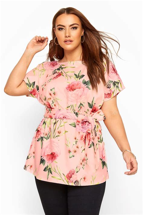 Yours London Pink Floral Belted Peplum Top Yours Clothing