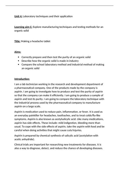 Btec Applied Science Unit 4 Learning Aim C Unit 4 Laboratory