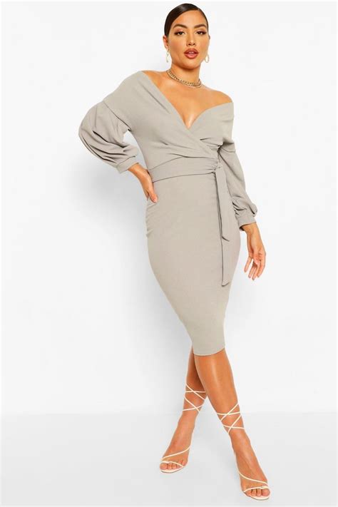Off The Shoulder Wrap Midi Bodycon Dress Bodycon Dress Midi Dress