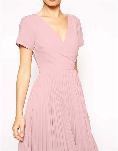Asos Midi Skater Dress With Pleated Skirt And Wrap Front In Pink Lyst
