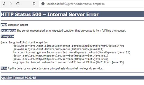 status 500 java lang nullpointerexception quando utilizo o try