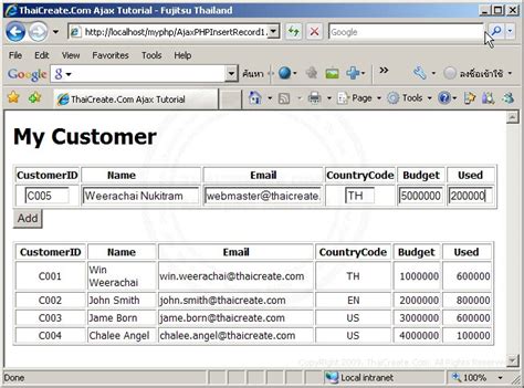 ajax add insert record php mysql and asp access