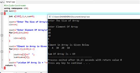 c program to reverse an array and sum of its element