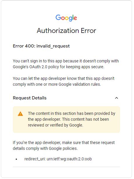 nest error 400 invalid request due to oauth oob desktop auth