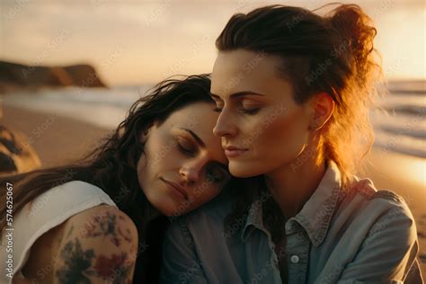 A Young Caucasian Lesbian Couple Hugging And Embracing Each Other In An