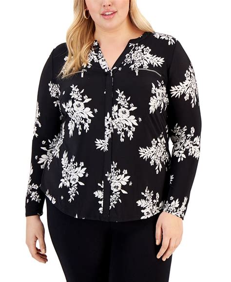 Inc International Concepts Plus Size Floral Print Zip Pocket Top