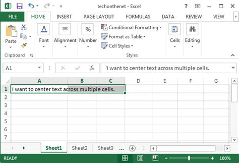 ms excel 2013 center text across multiple cells