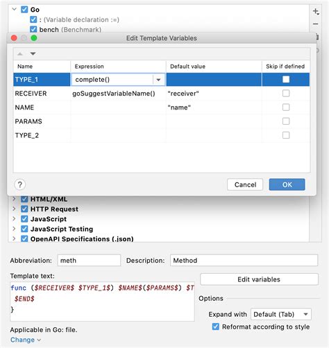 live template variables goland
