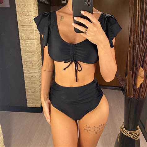 Kaufe S Xl Sexy Lace Up Rüschen Hohe Taille Bikini Weiblichen Badeanzug