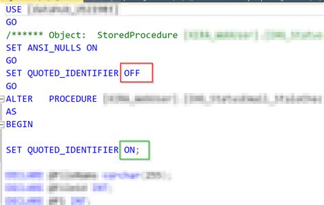 sql server set quoted identifier on within the stored procedure is