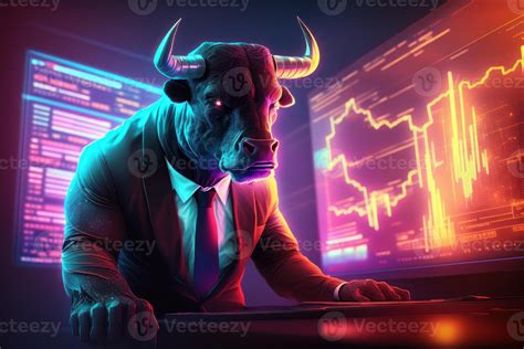 Bull Trading With Computer With Graph On Screen Bullish In Stock
