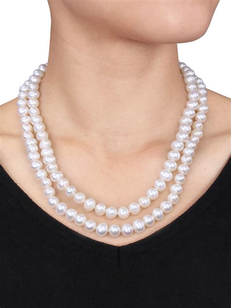 9 10mm Freshwater Cultured Pearl Sterling Silver Double Strand Necklace