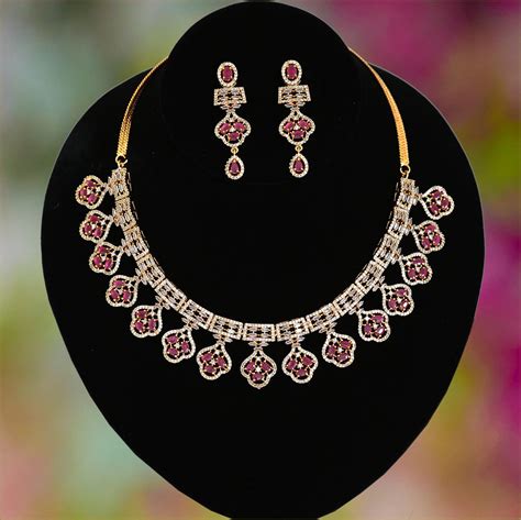 Gold Plated Indian American Diamond Ruby Cz Bridal Necklace With