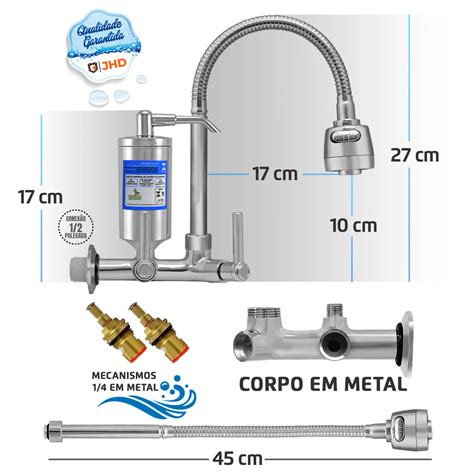 Torneira Com Filtro Gourmet Pia Cozinha De Parede Metal Inox Jhd Metais