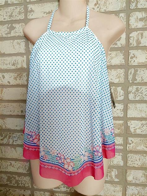 Coco Reef Swim Tankini Top White Multicolor Aura Mesh Ruffle Polka Dots