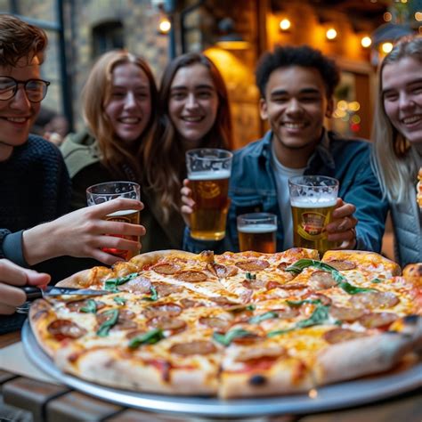 Smiling Blurry Group Of Young Friends At Pub Sharing Large Pepperoni
