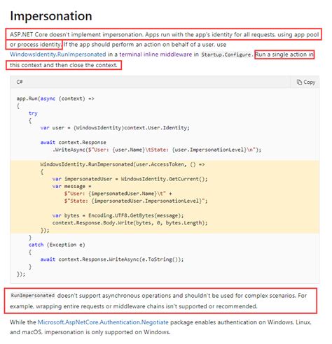 c impersonation middleware in an asp core intranet