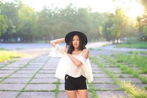 Wonderful Female Hat Asian Sunset Cheerful Emotions Laughter Stock