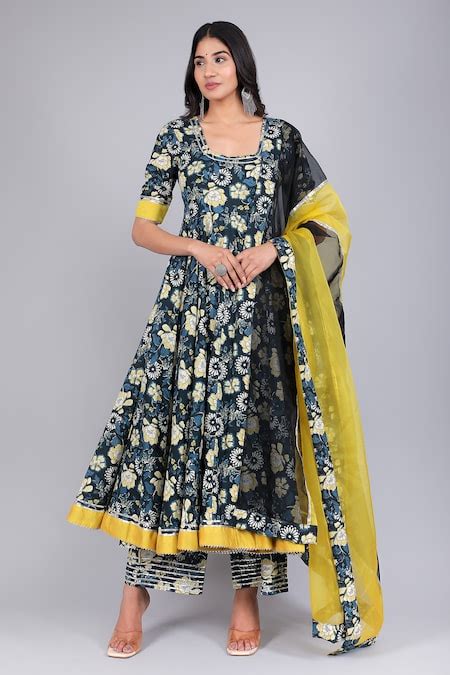 Buy Black Anarkali And Pant Cotton And Dupatta Organza Embroidery And Print