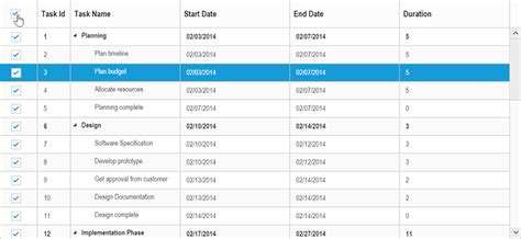 selection in jquery treegrid widget syncfusion