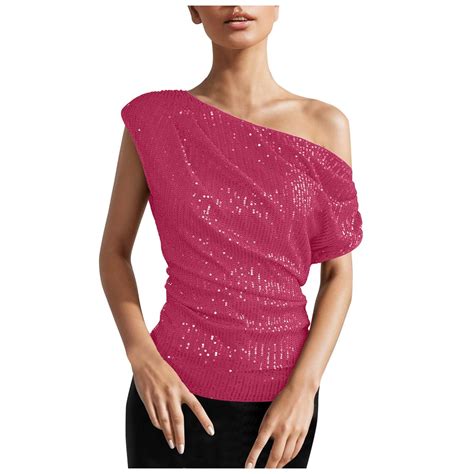 One Shoulder Sequin Sparkly Tops For Women Ruched Asymmetrical Glitter