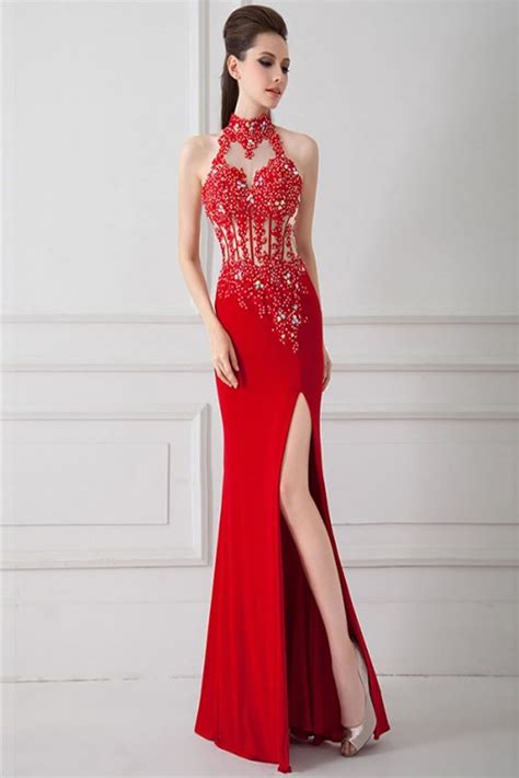 Front Split Sexy Red Beaded Backless Long Prom Dresses Split Prom
