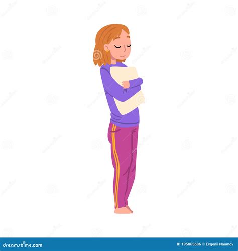 Slumber Party Cute Girl In Pajamas Hugging Pillow Cartoon Style Vector