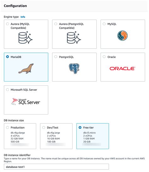 creating a mariadb db instance and connecting to a database on a