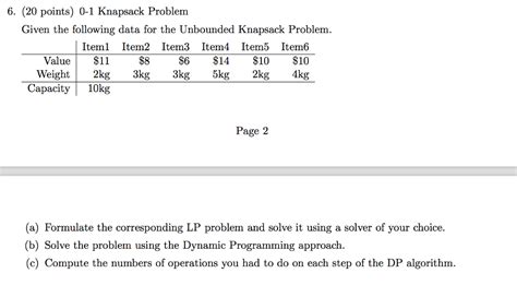 6 20 points 0 1 knapsack problem given the foll