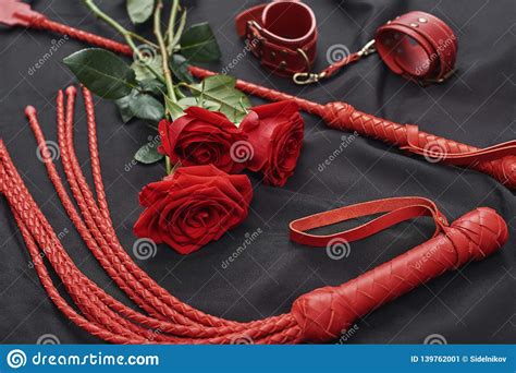 Playing Bdsm Games Top View Of Bdsm Leather Kit Handcuffs Whip And